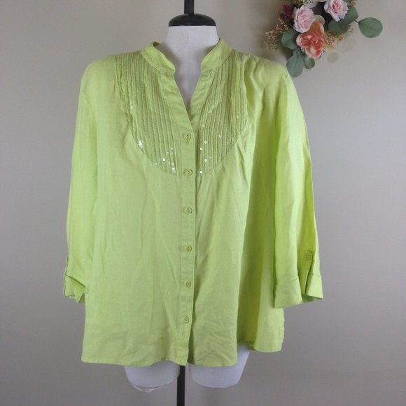 JM Collection | Tops | Jm Collection Linen Blouse Green Sequined Bodice ...